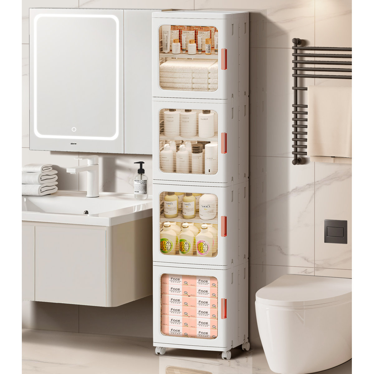 Rebrilliant 4-Tier Tall Bathroom Storage Cabinet Narrow Freestanding Bathroom Cabinet with Doors ...